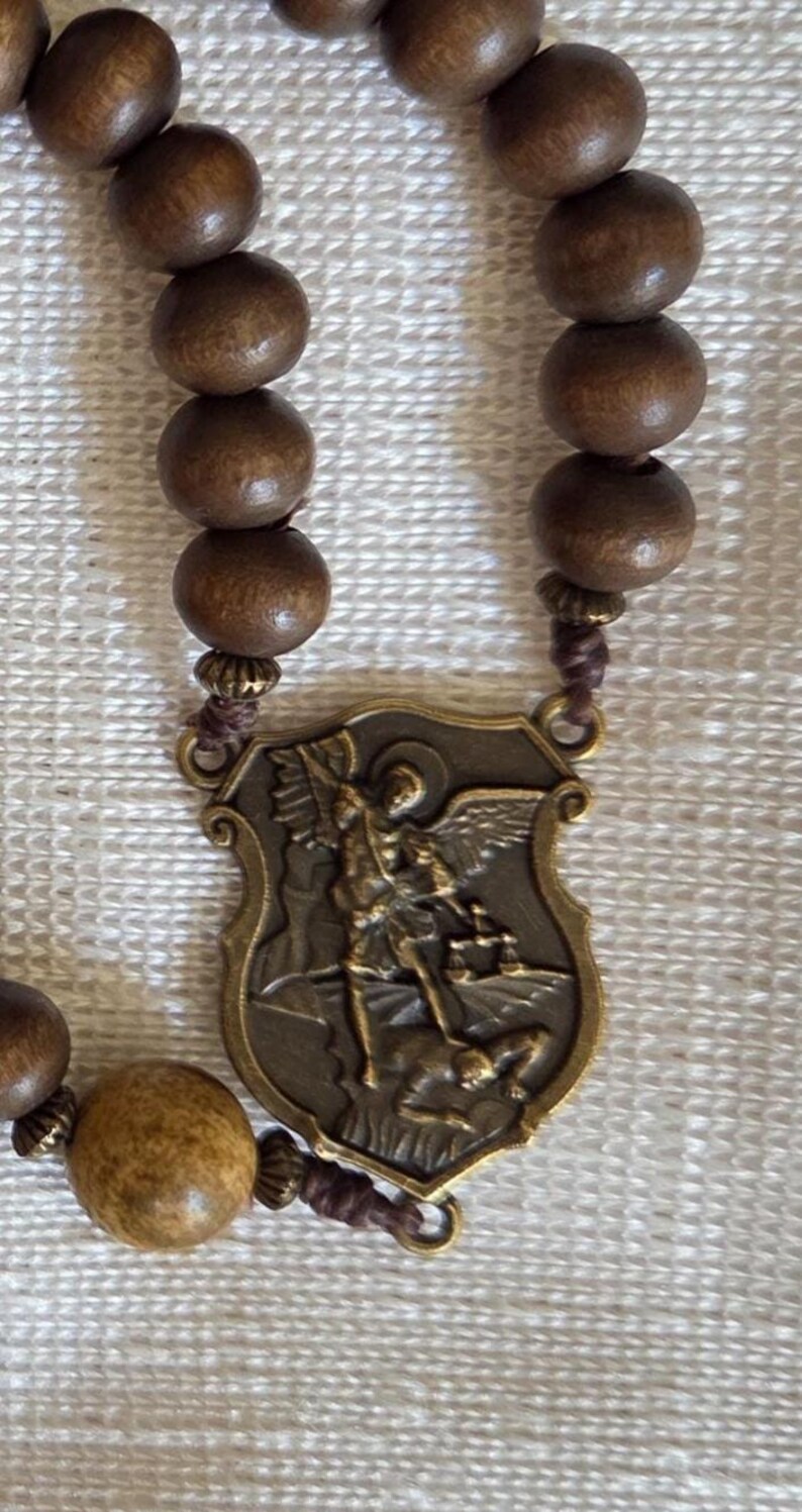 St. Michael the Archangel Rosary- Wood and Stone With Bronze Accents and St. Michael Medal and ...
