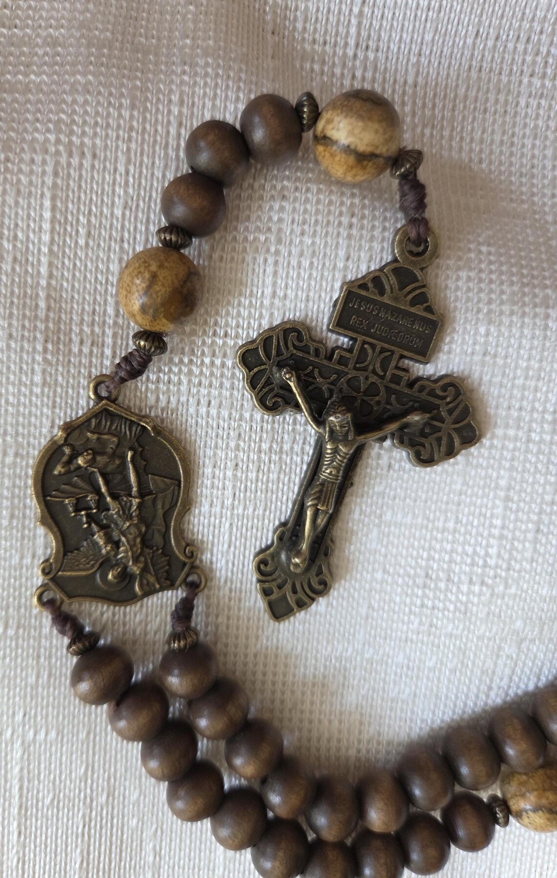 St. Michael the Archangel Rosary- Wood and Stone With Bronze Accents and St. Michael Medal and ...