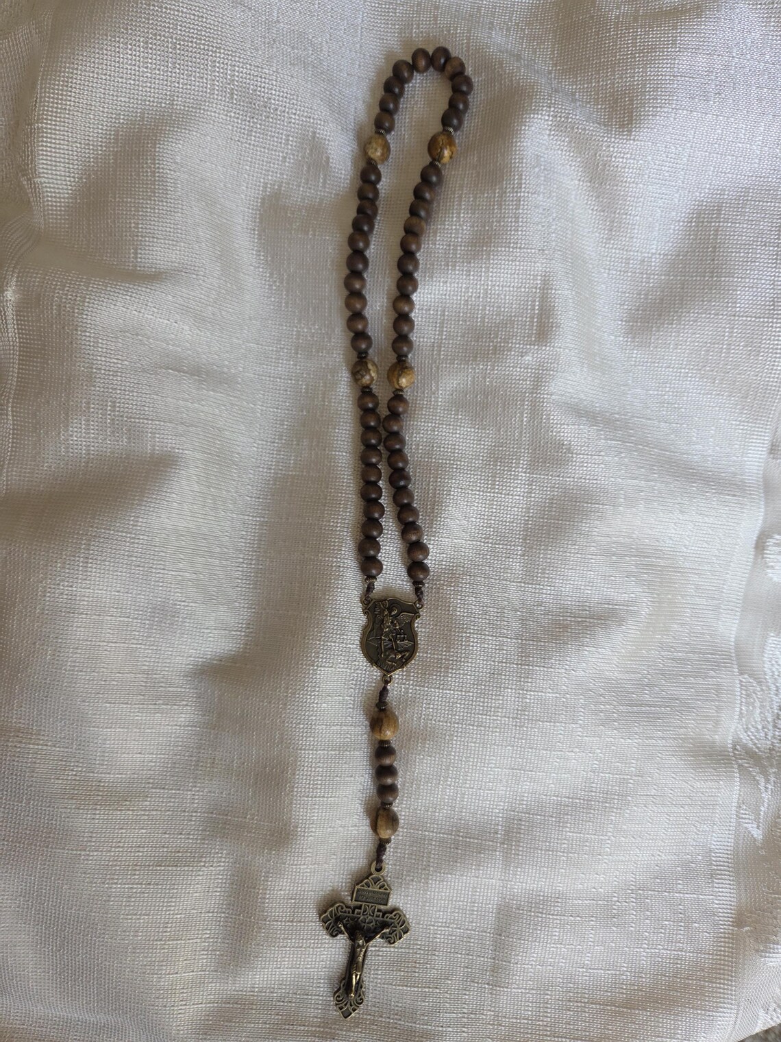 St. Michael the Archangel Rosary- Wood and Stone With Bronze Accents and St. Michael Medal and ...