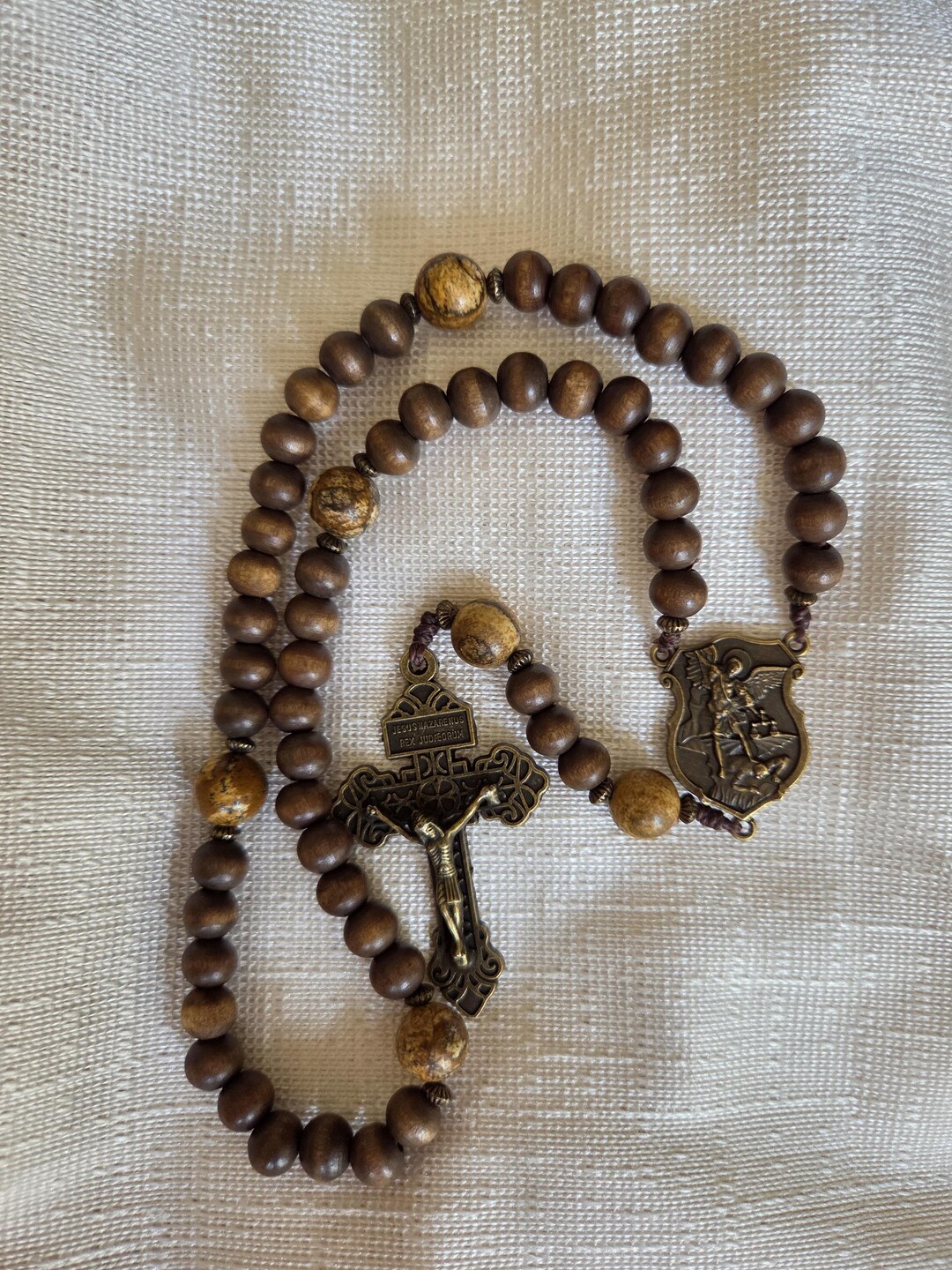 St. Michael the Archangel Rosary- Wood and Stone With Bronze Accents and St. Michael Medal and ...