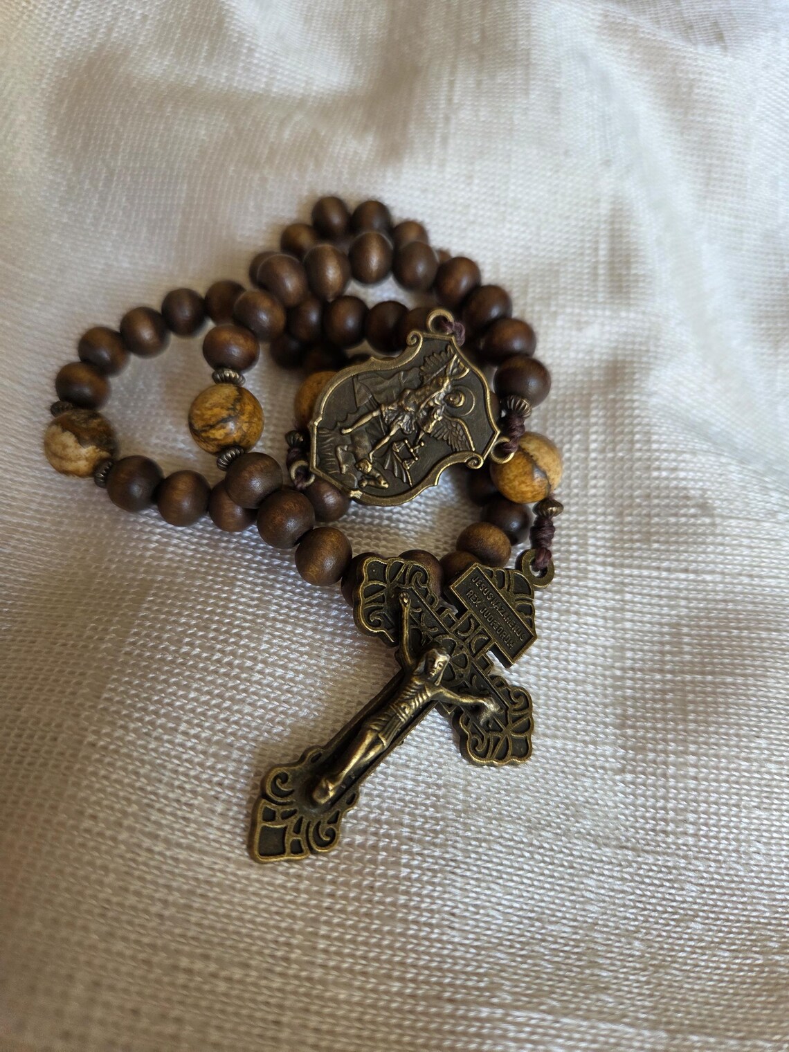 St. Michael the Archangel Rosary- Wood and Stone With Bronze Accents and St. Michael Medal and ...