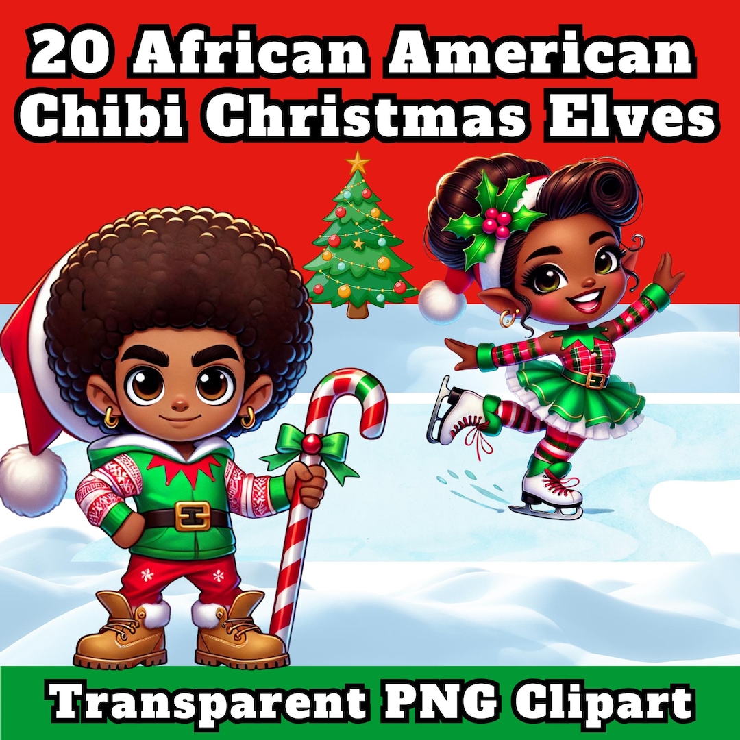African American Christmas Elf Clipart Bundle: Chibi Pngs (digital ...