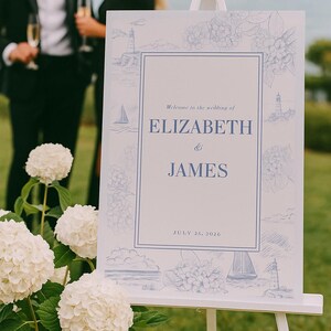 Nantucket Wedding Sign Template, Blue Toile, Coastal Theme (canva Pro ...