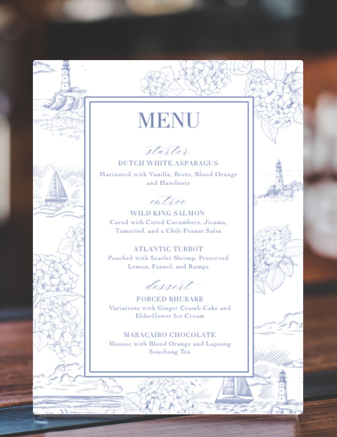 Coastal Toile Wedding Menu Template, Nantucket Style (5x7 US) - Etsy