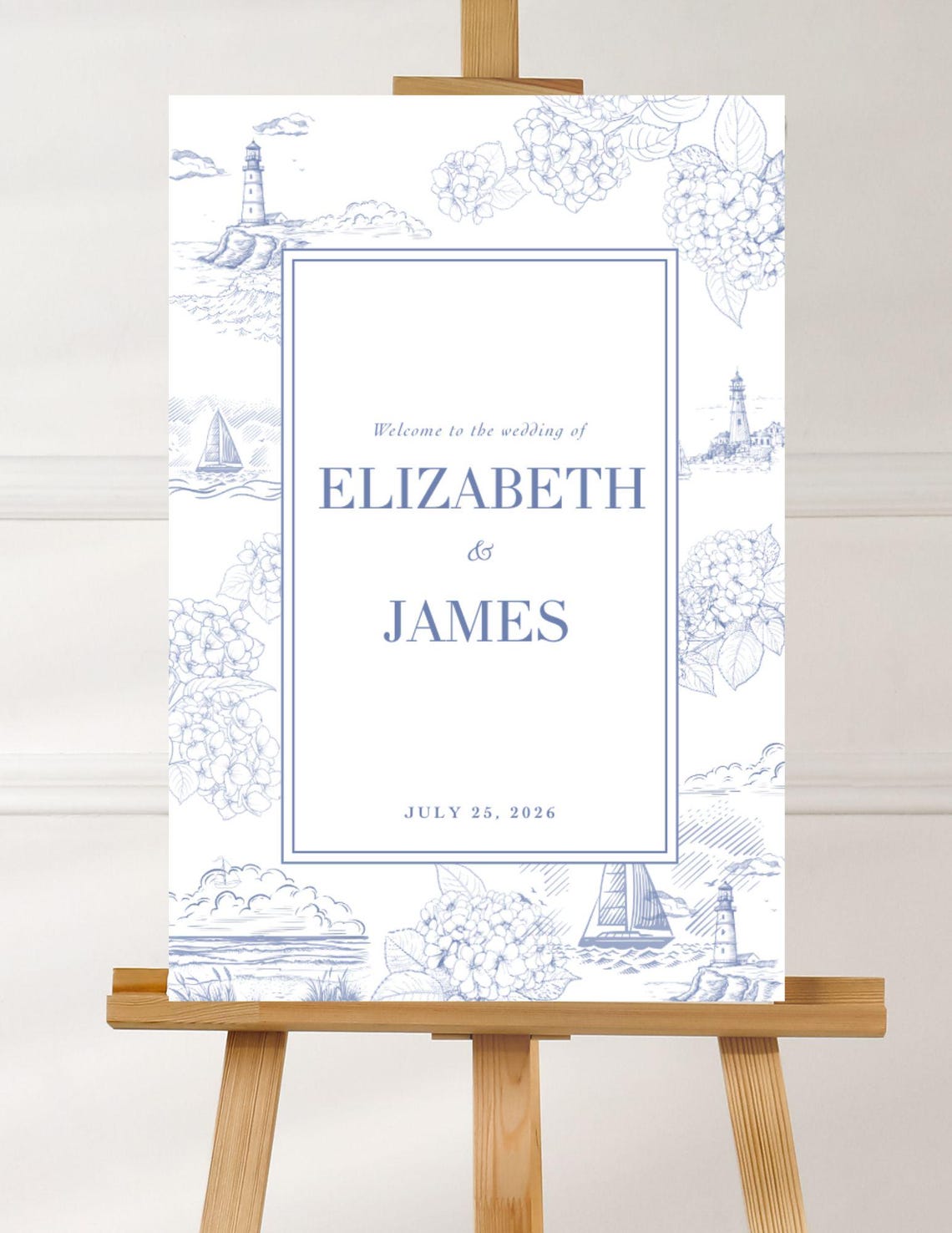 Nantucket Wedding Sign Template, Blue Toile, Coastal Theme (canva Pro ...