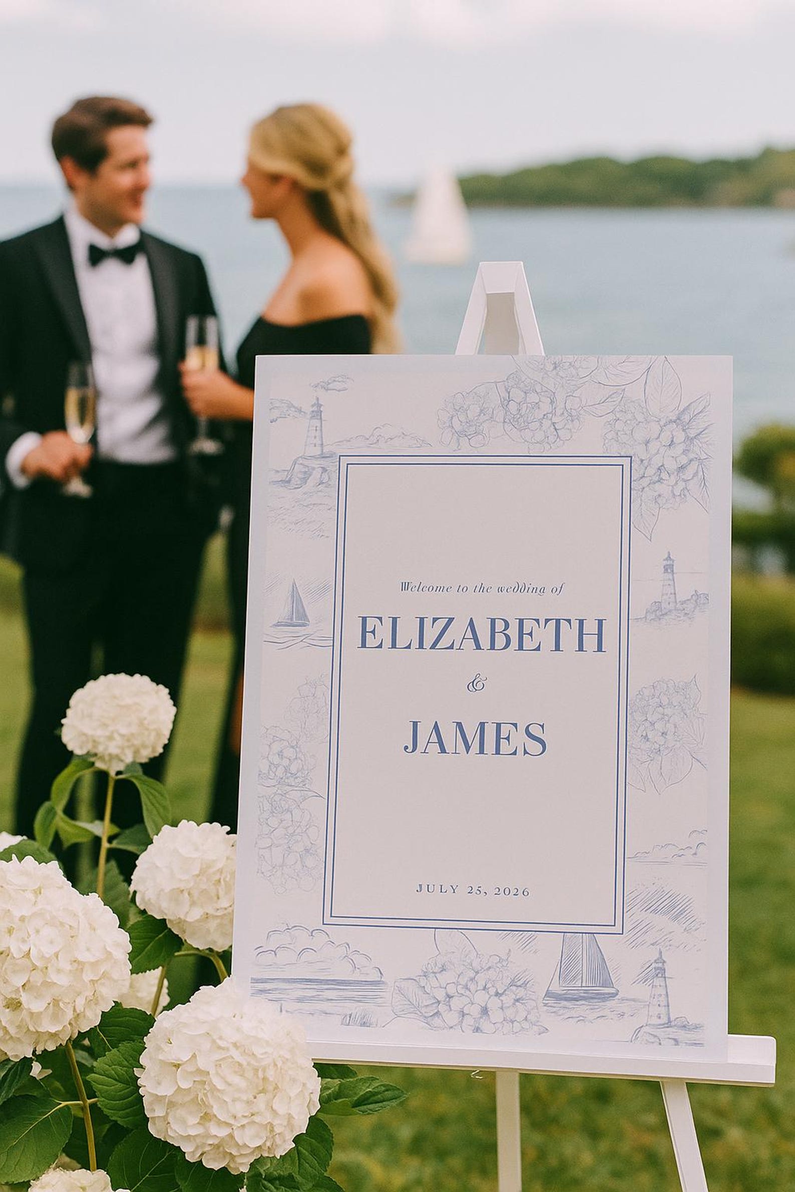 Nantucket Wedding Sign Template, Blue Toile, Coastal Theme (canva Pro ...