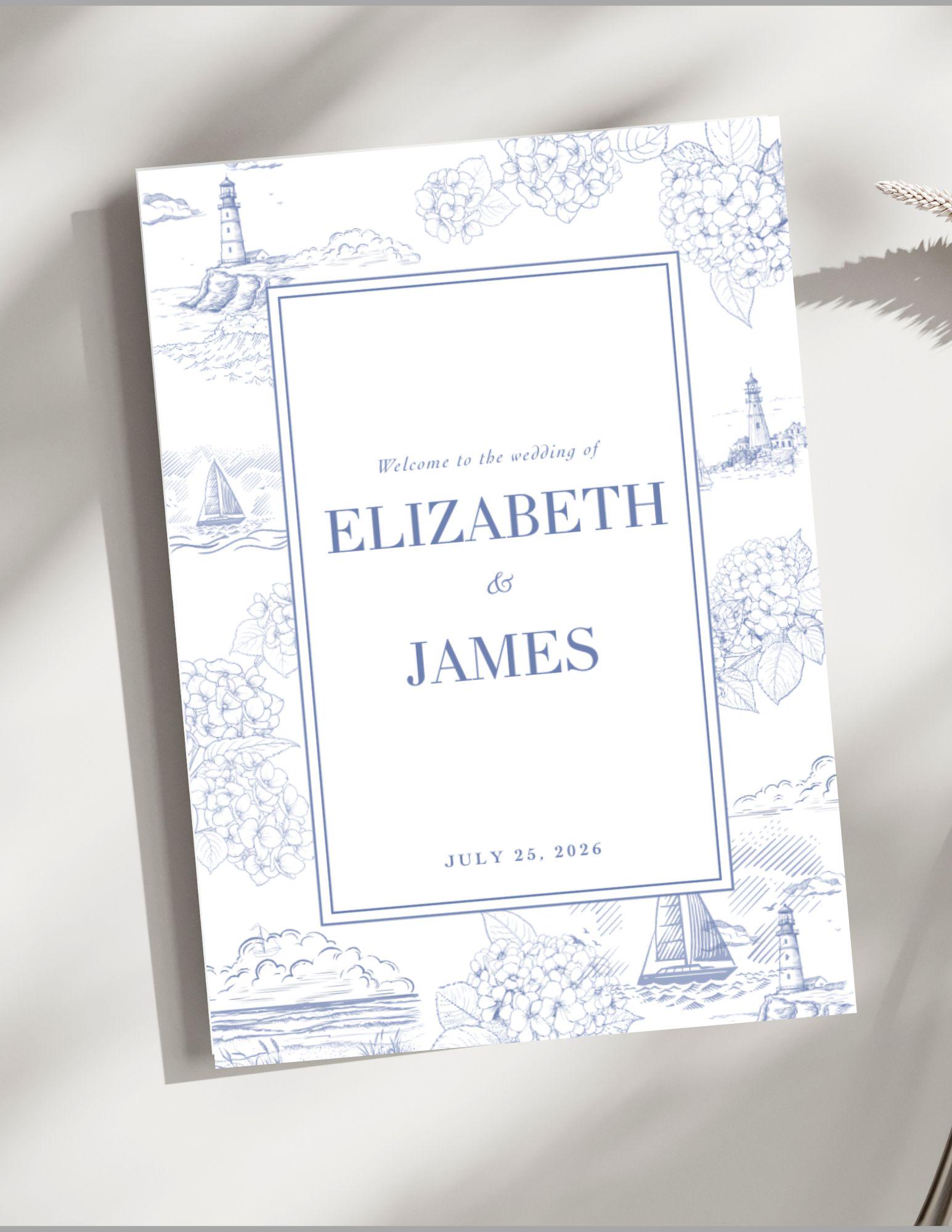 Nantucket Wedding Sign Template, Blue Toile, Coastal Theme (canva Pro ...
