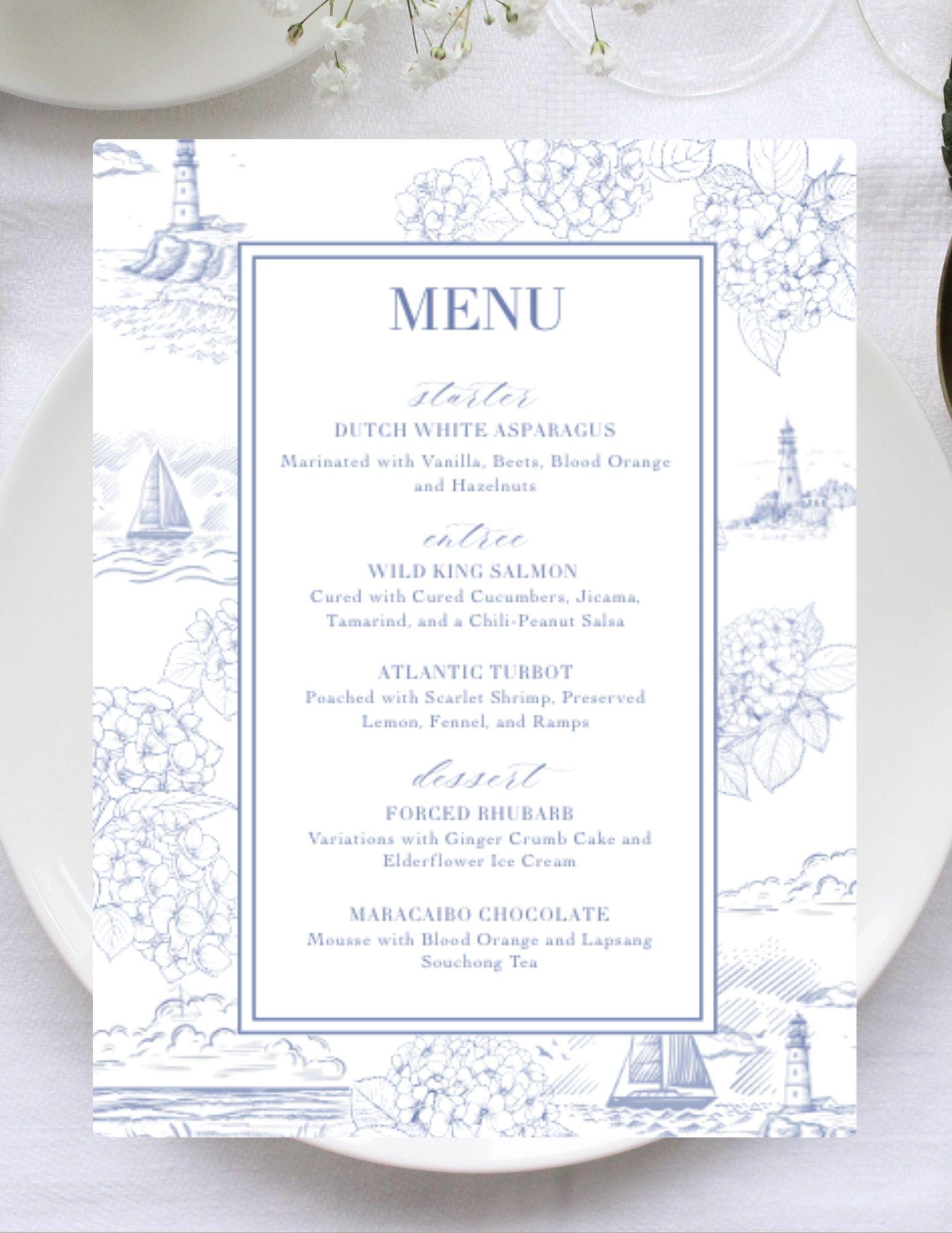 Coastal Toile Wedding Menu Template, Nantucket Style (5x7 US) - Etsy