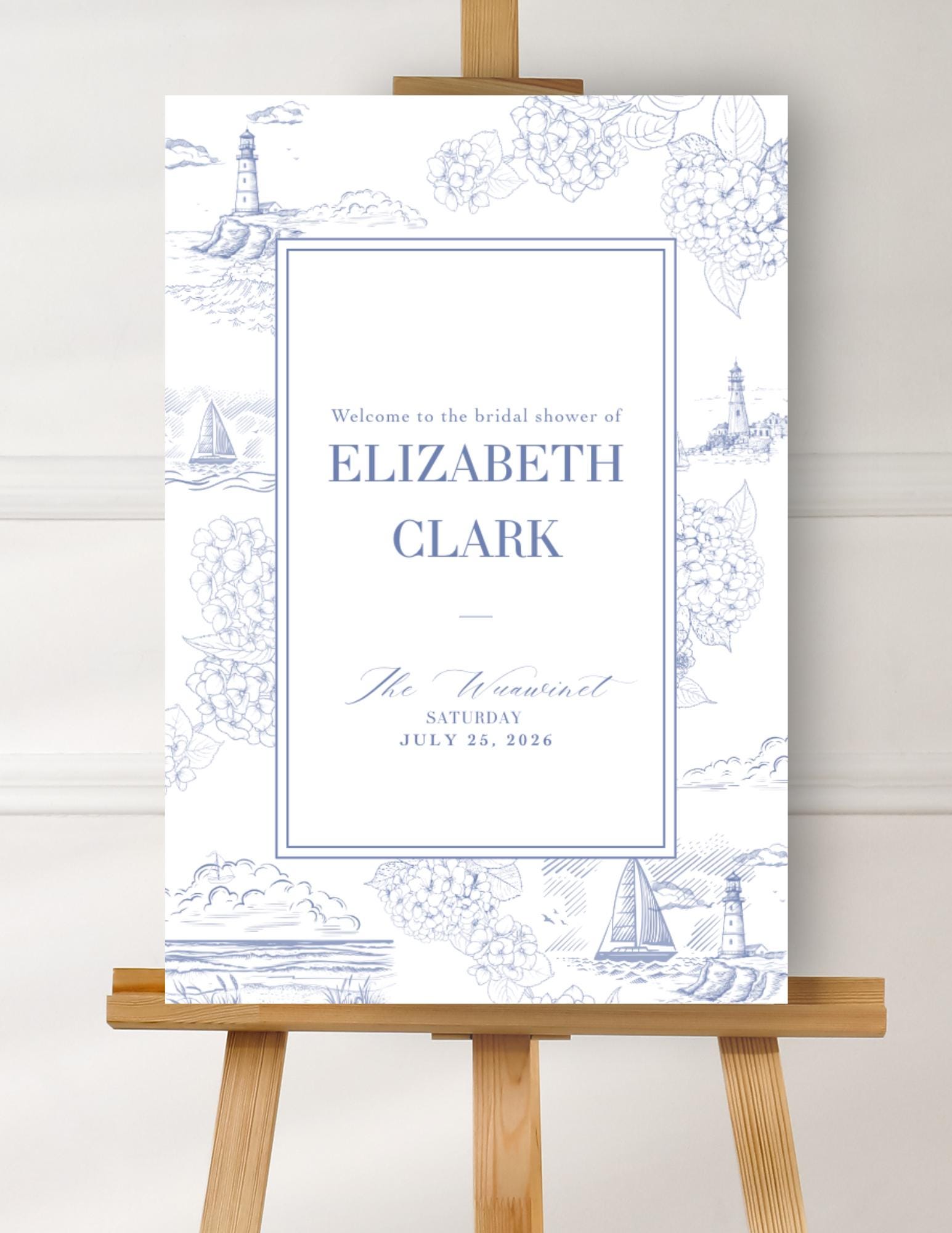 Nantucket Toile Bridal Shower Welcome Sign Template (customizable) - Etsy