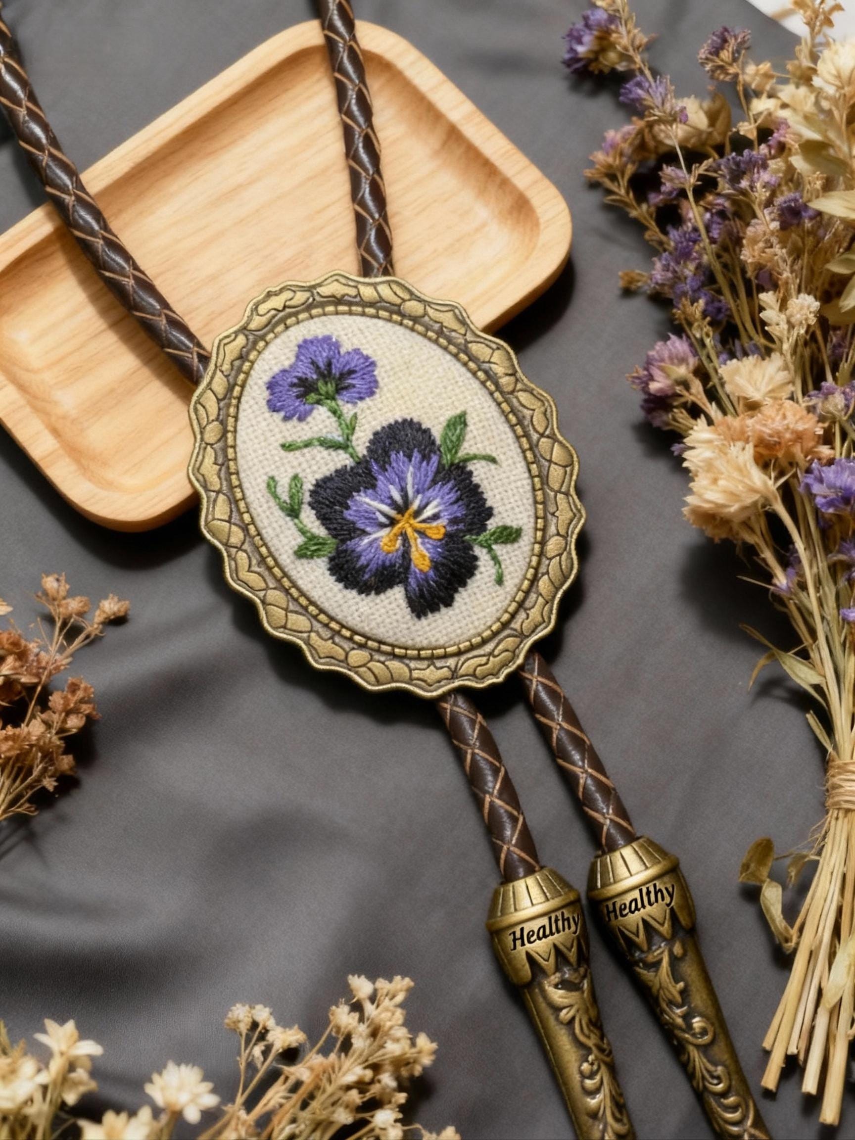 Handmade Embroidered Pansy Bolo Tie, Western Floral Necktie for Men and ...