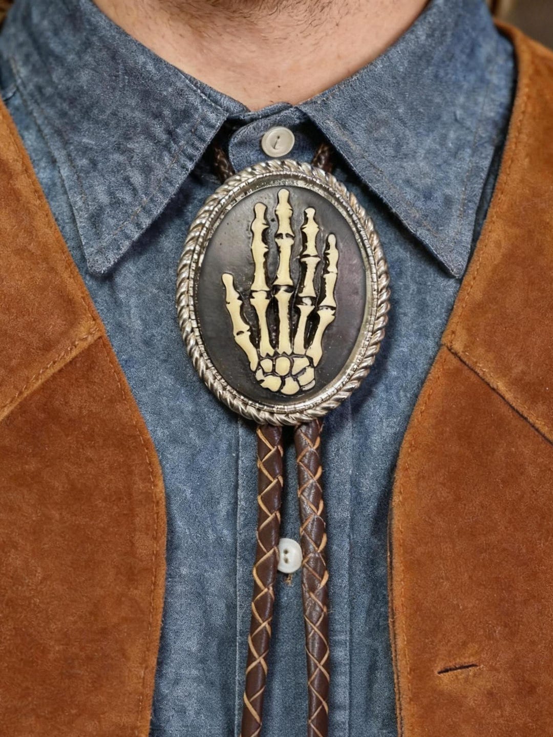 Goth Western Bolo Tie With Skeleton Hand Cameo, Gothic Cowboy Necktie ...