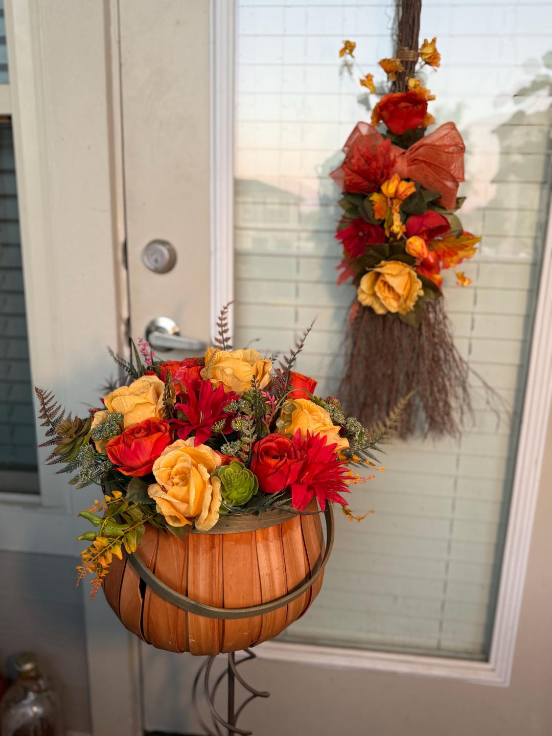 Rustic Fall Floral Arrangement Broom Set – Pumpkin Basket Centerpiece ...