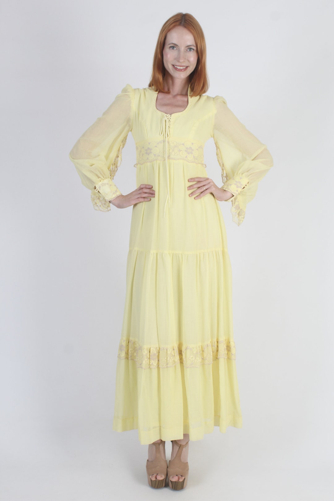 Poet Sleeve Bohemian Wedding Dress, Vintage 70s Lace up Corset Tie ...