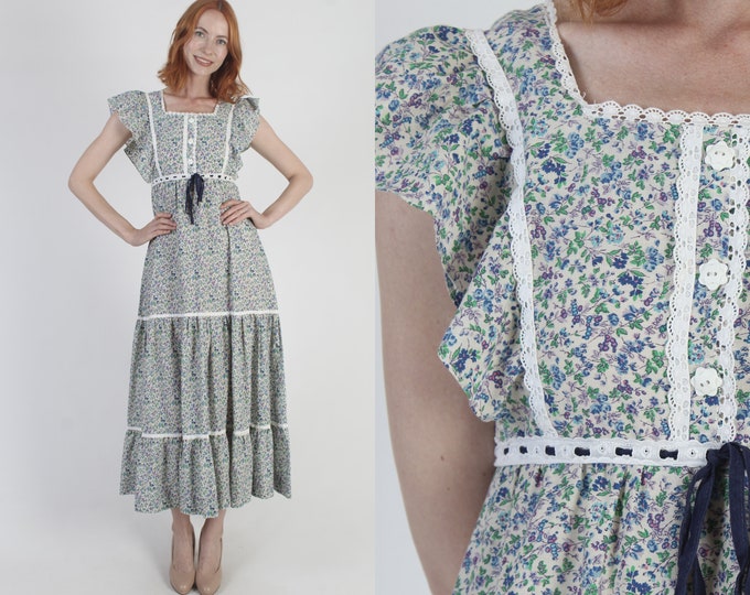 Romantic 70s Pilgrim Era Folk Style Dress Country Calico Tiny Floral ...