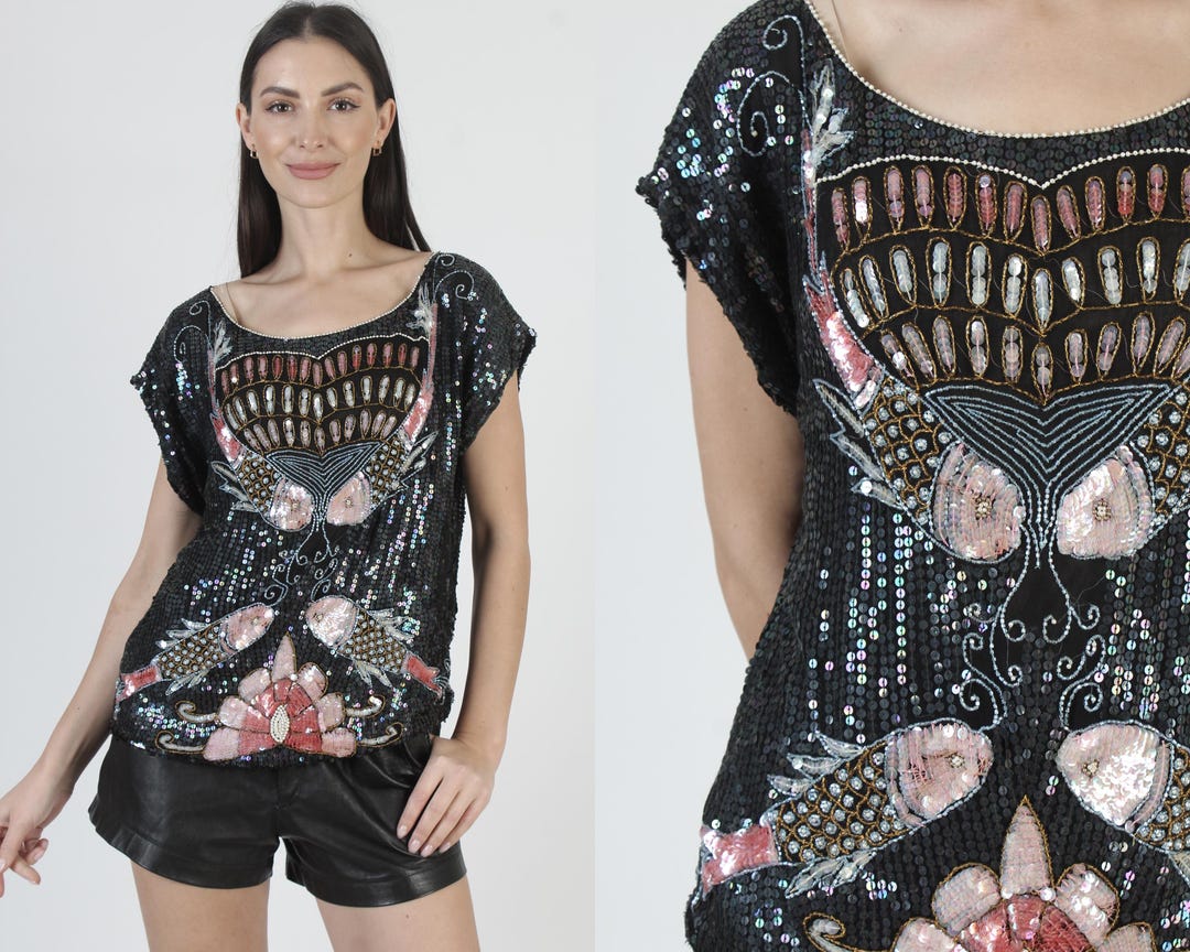 Black Silk Sequin Blouse, Kio Fish Print Top, Vintage 80s Shinny Party ...