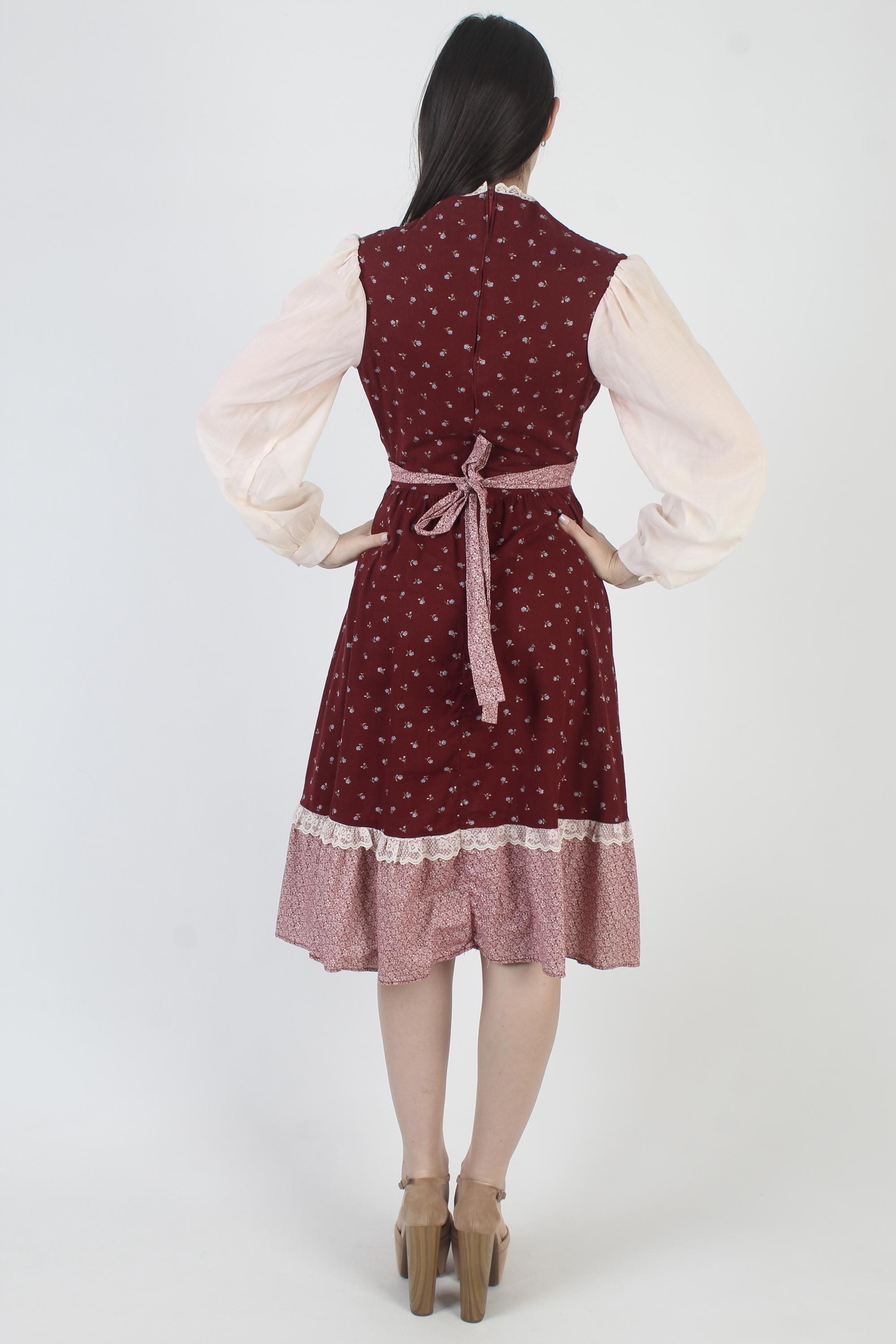 Bohemian Calico Floral Dress, White Sleeve Prairie Sundress, Vintage ...