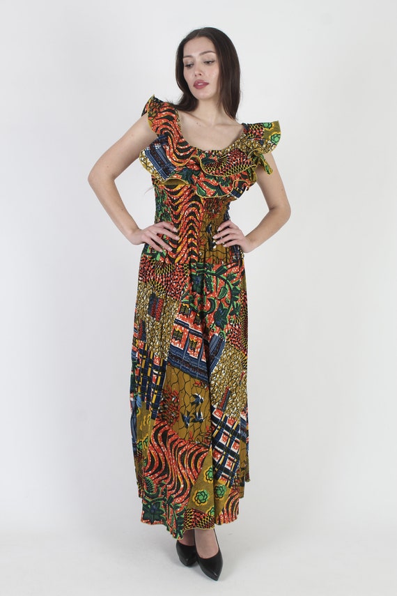African Tribal Maxi Dress / Patchwork Floral Birds Pr… - Gem