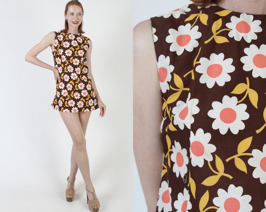 60s Mod Floral Micro Mini Dress, All Over Print Flower Power Material ...