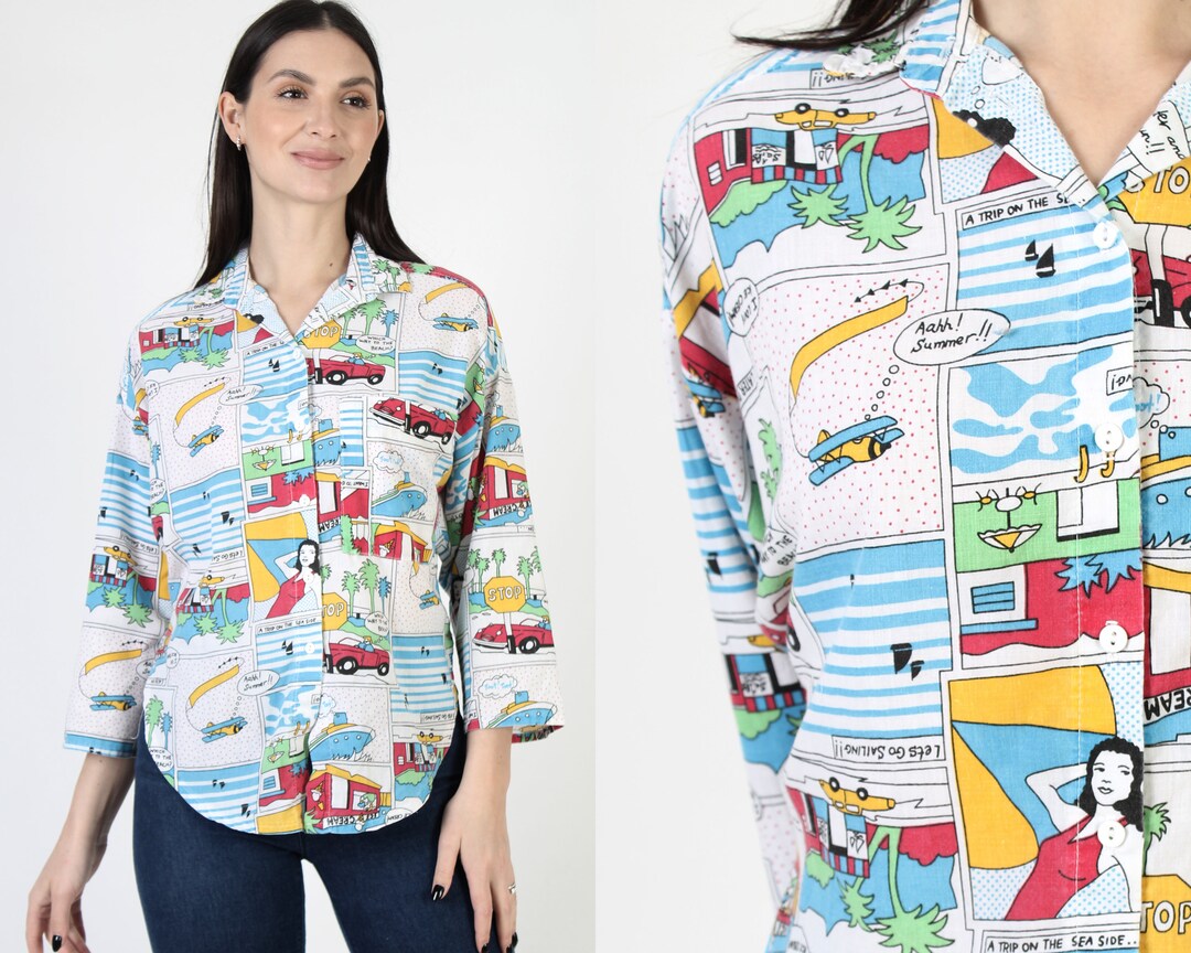 All Over Print Comis Strip Shirt, Button up Cartoon Art Shirt, Vintage ...
