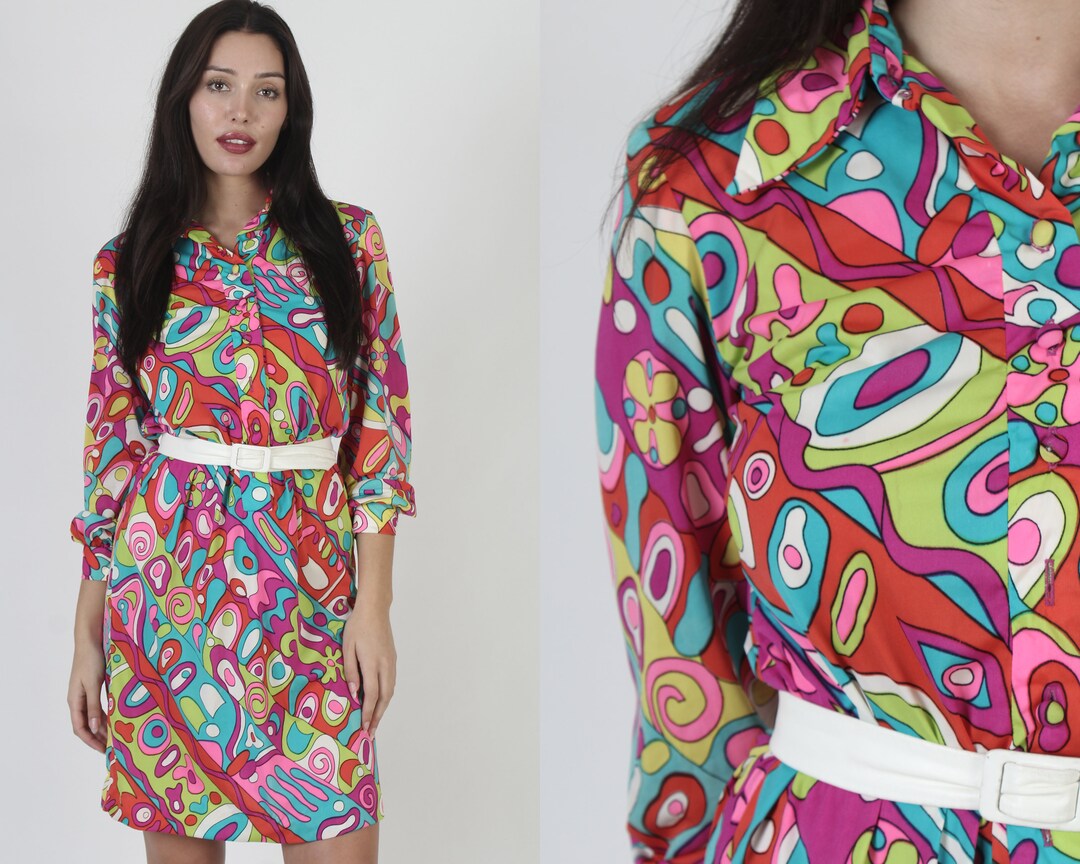 60s Psychedelic Scooter Mini Dress / Neon Abstract Op Art - Etsy