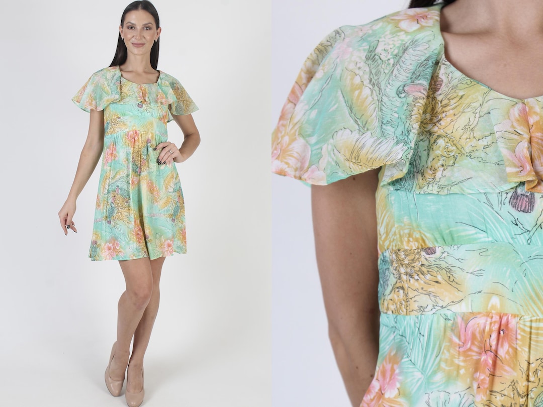 Tropical Toucan Bird Sun Dress, Vintage 70's Pastel Tropics Style ...