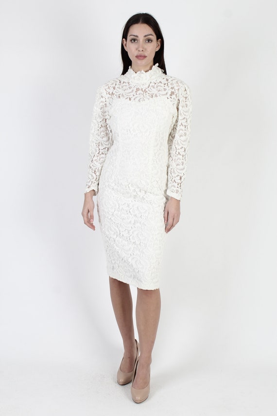 80s Glamorous Sheer White Formfitting Lace Mini Weddi… Gem