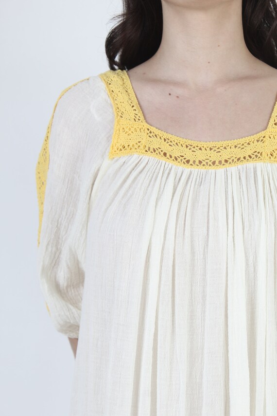 White Thin Gauze Mexican Dress Sheer Cotton Crochet B… - Gem