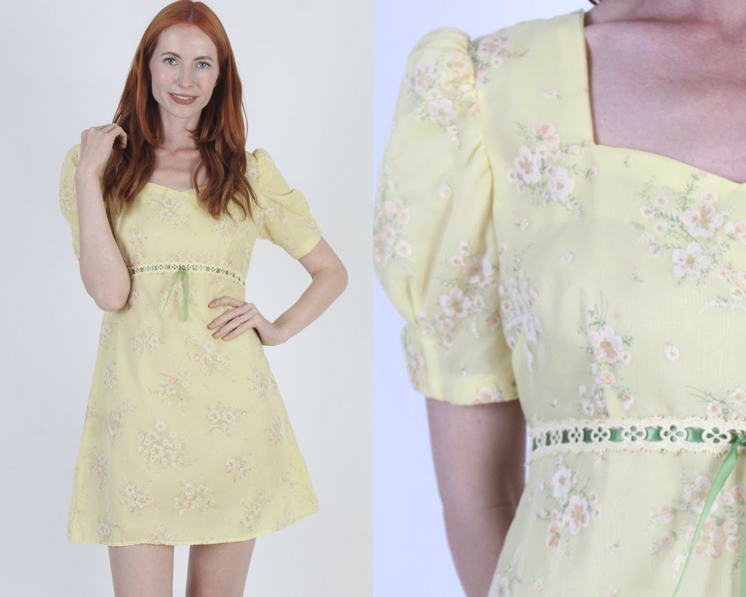 High Waisted 60s Babydoll Dress Bouquet Floral Mod Micro Mini Sundress ...