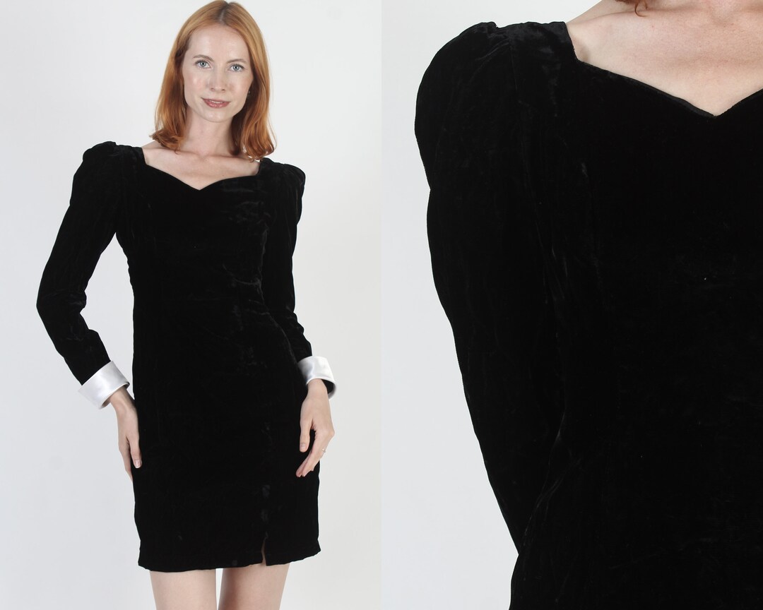 Backless Black Velvet Mini Dress, Open Back Tuxedo Cuffs, Vintage Satin ...