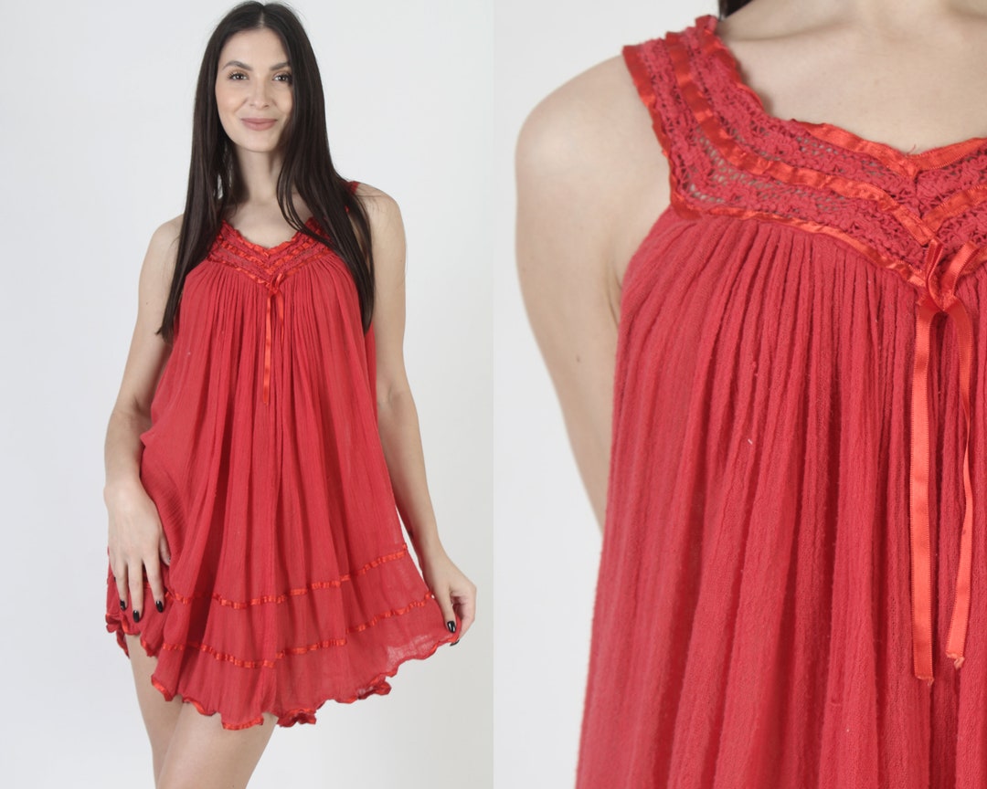 Red Mexican Gauze Micro Mini Dress, Lightweight Thin Crochet Trim ...