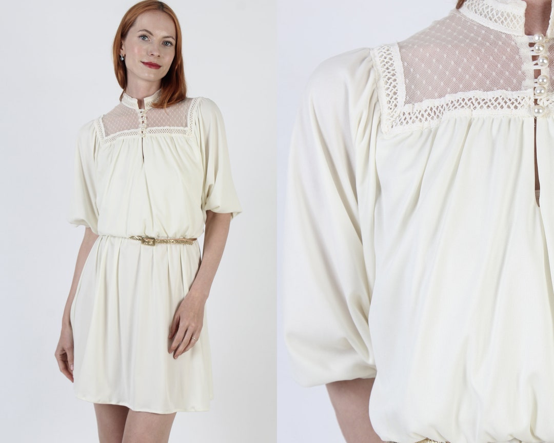 Victorian Inspired Wedding Mini Dress Sheer Floral Lace Gown 80s Bridal ...