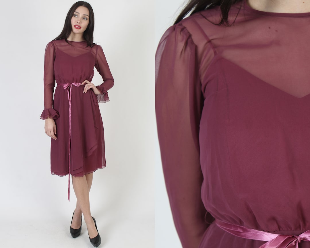 Sheer Burgundy Chiffon Dress, Maroon Cocktail Outfit, Layered Disco ...