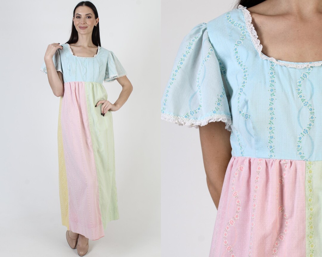 Swiss Dot Pastel Dress, Colorblock Vintage Pageant Gown, Womens Long ...