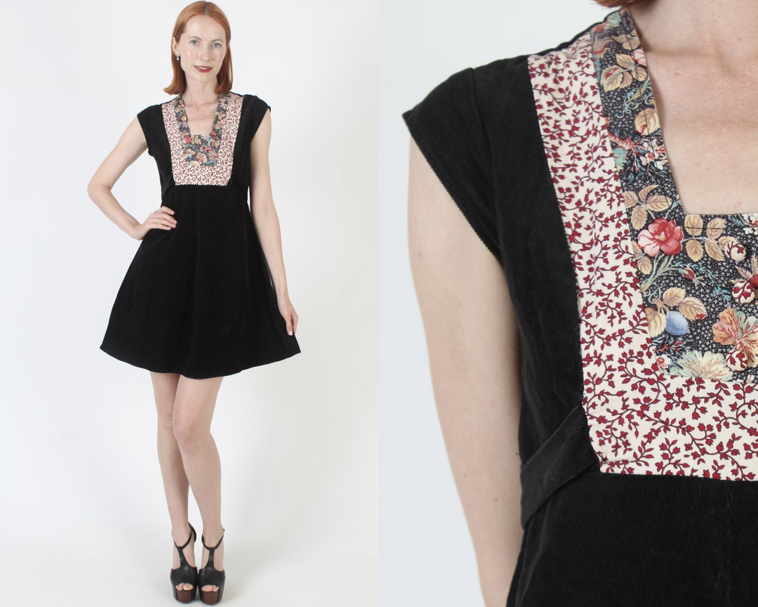 Black Corduroy Prairie Calico Dress Floral Bouquet Print Sundress ...