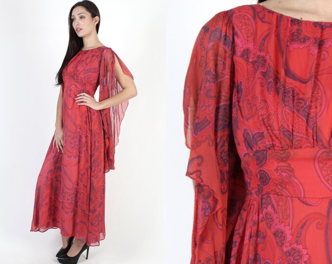 1960s Silk Chiffon Maxi Dress / Flowy Thin Angle Sleeves / Avant Garde ...