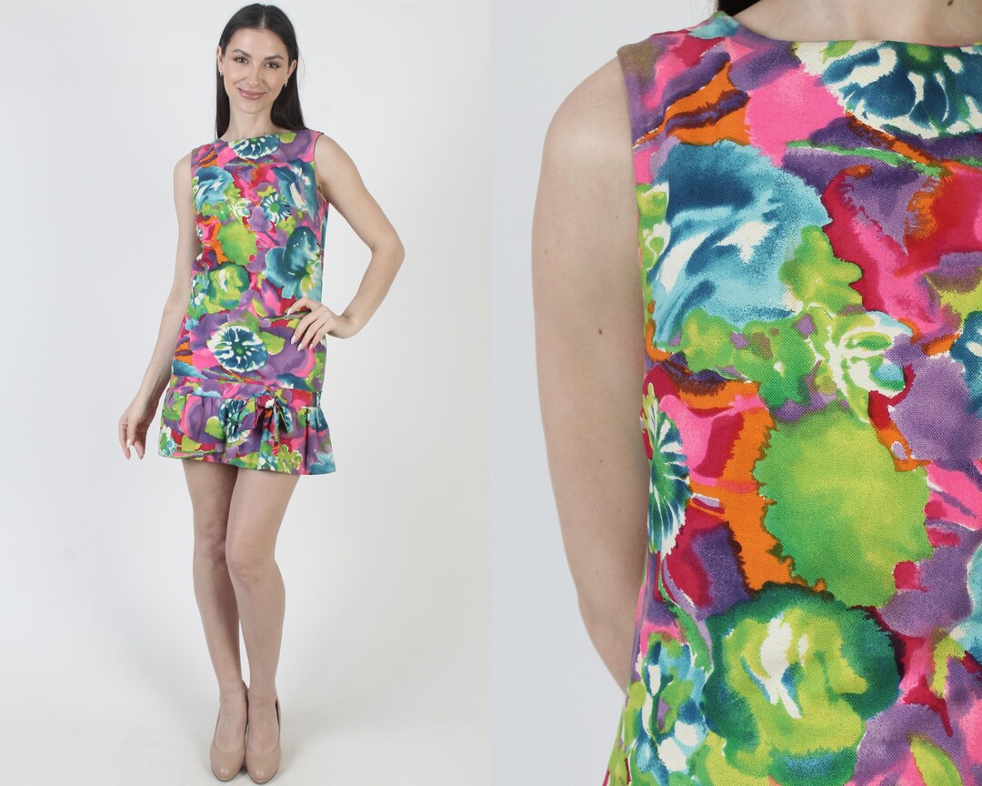 60s Drop Waist Dress, Watercolor Floral Sundress, Vintage Bright Color ...