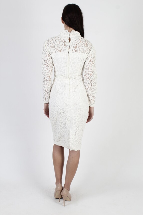 80s Glamorous Sheer White Formfitting Lace Mini Weddi… - Gem