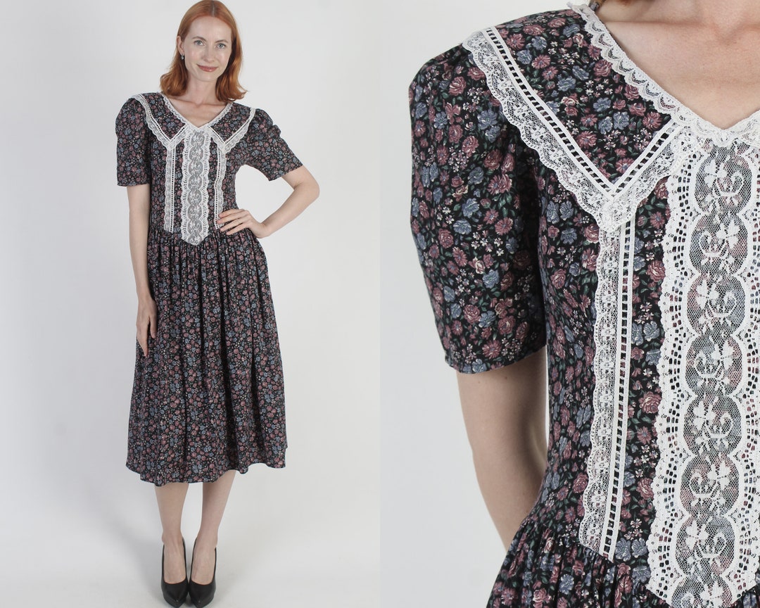 Black Floral 80s Jessica Mcclintock Dress Vintage Romantic Victorian ...