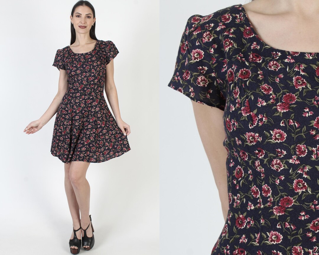 Romantic 90s All Over Print Dress, Floral Babydoll Micro Mini, Grunge ...