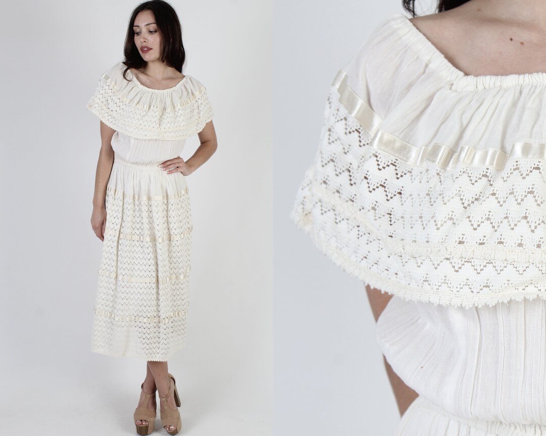 Off White Mexican Fiesta Party Dress, Traditional Crochet Embroidered ...