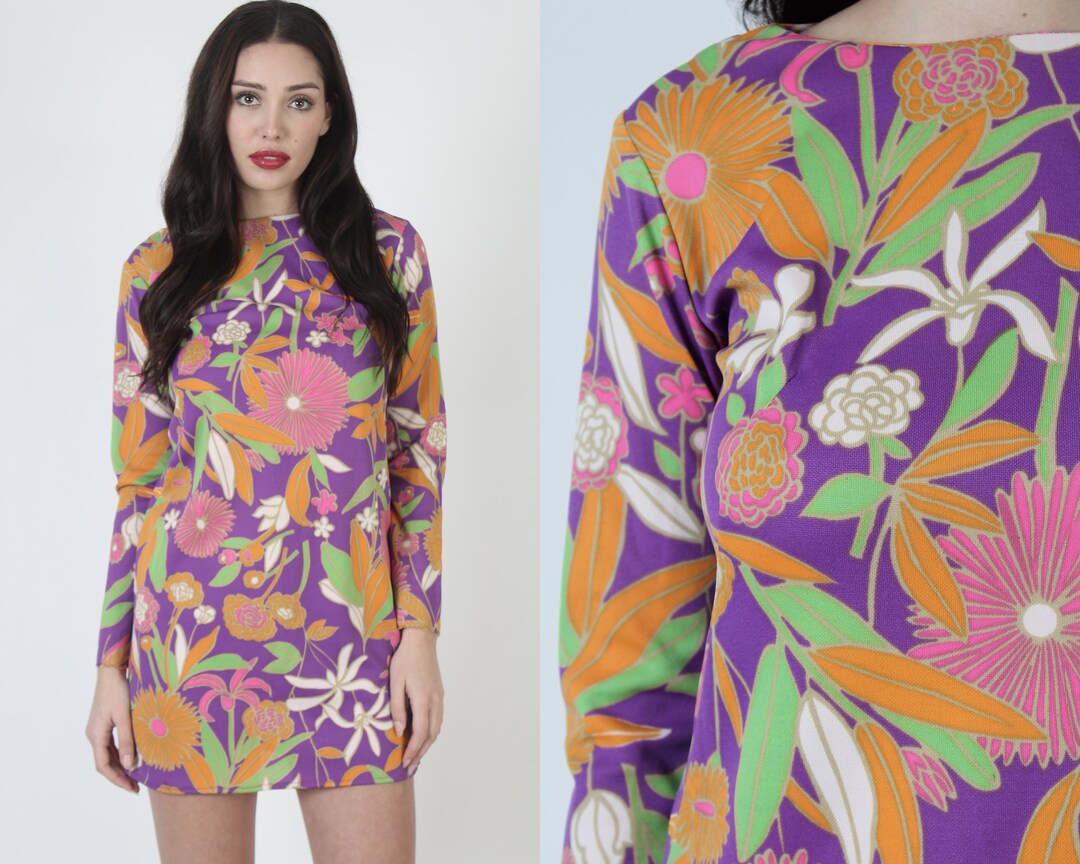 60s Neon Psychedelic Style Dress / Mod Floral Tiki Party Dress / Trippy ...
