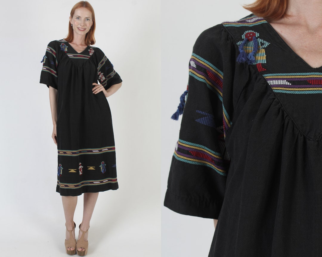 Black Cotton Guatemalan Dress, Aztec Print Bell Sleeves, Mexican ...