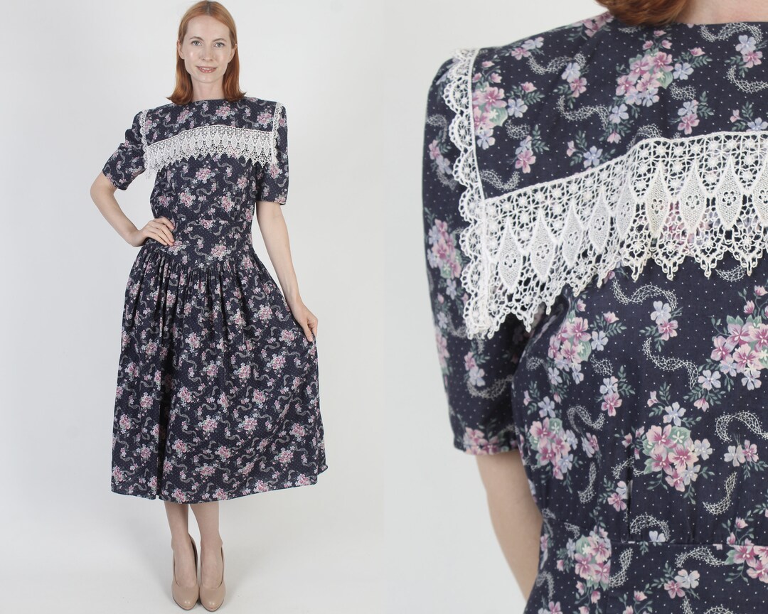 80s Gunne Sax Midi Dress: Blue Floral Paisley, Crochet Lace Collar ...
