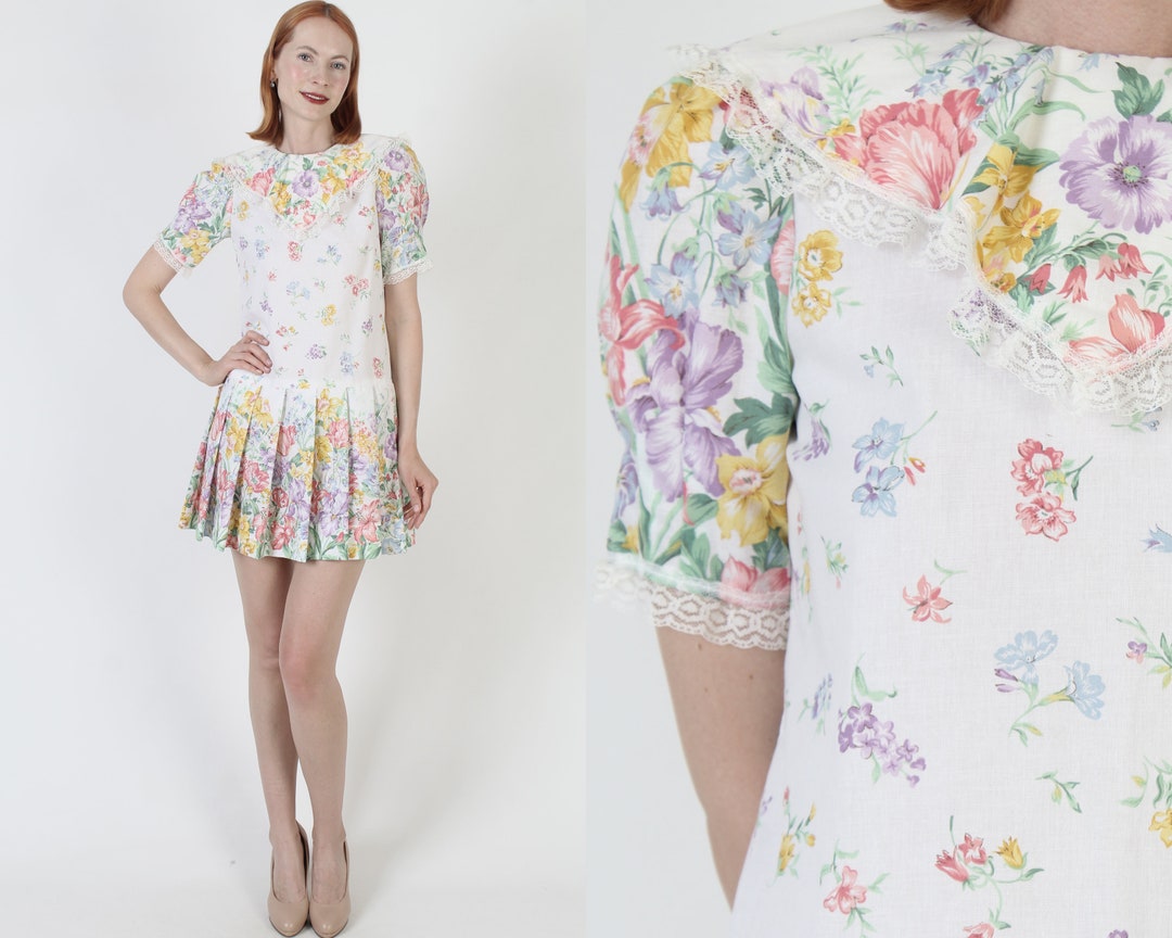 60s Floral Print Drop Waist Dress Romantic Rose Flower Bouquet Print ...