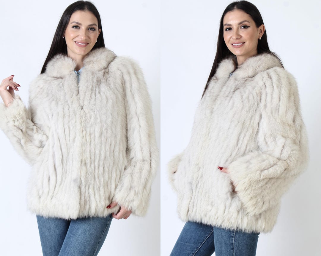 Saga Arctic Fox Fur Jacket, off White Ivory Shawl Collar, Striped ...