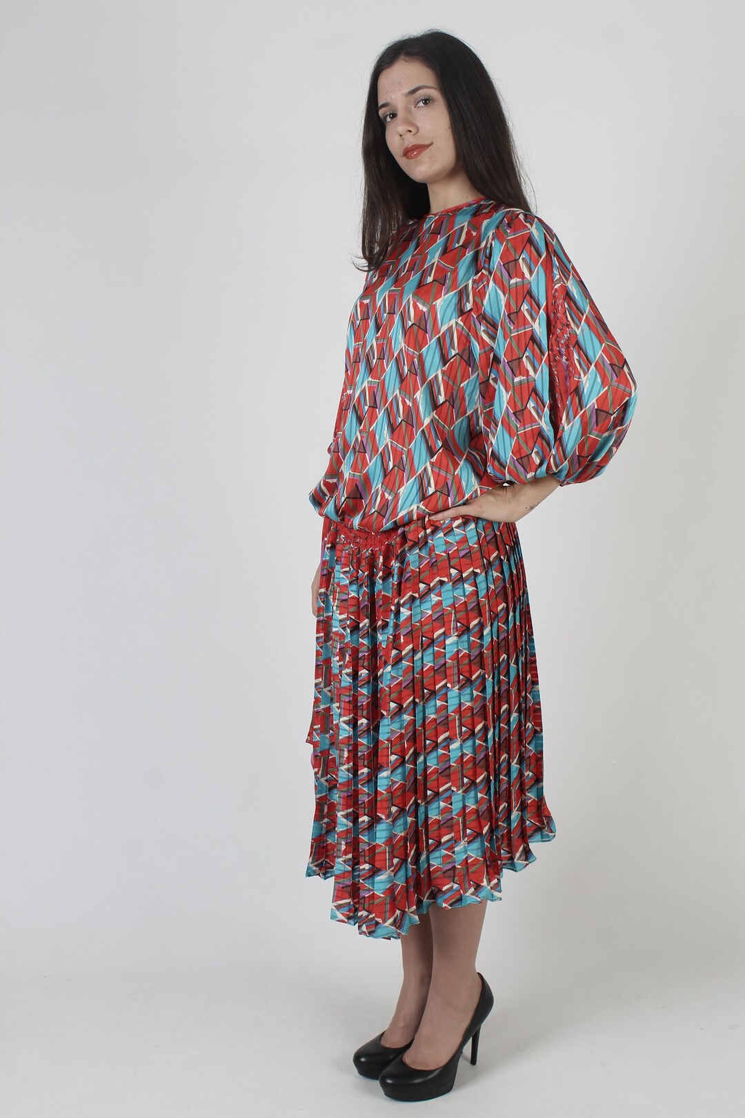 Diane Freis Signature Dress / Red Geometric Fres / Vintage Designer ...