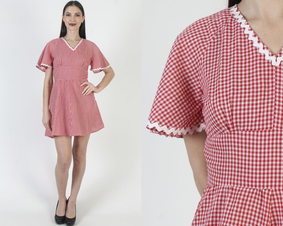 Vintage Gingham Sundress: Red & White Checkered Mini Dress With Ric Rac ...
