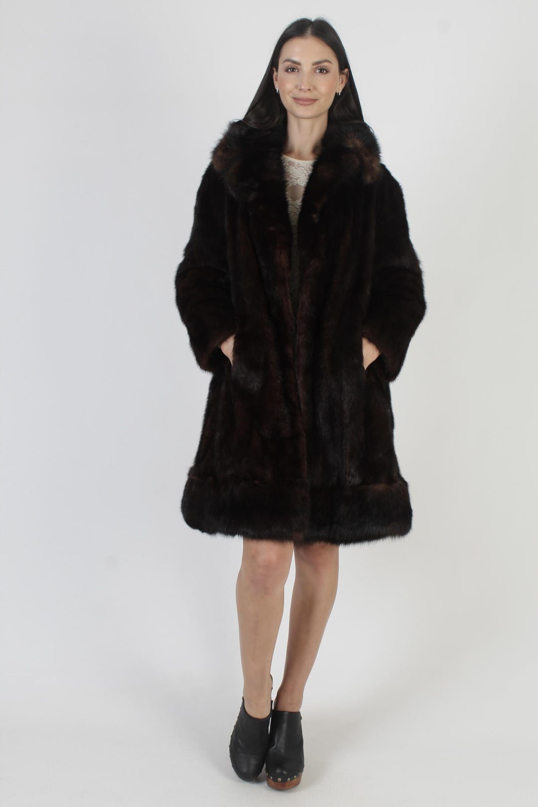 Mid Length Dark Brown Mink Coat, Real Sable Collar, 80s Luxury Black ...