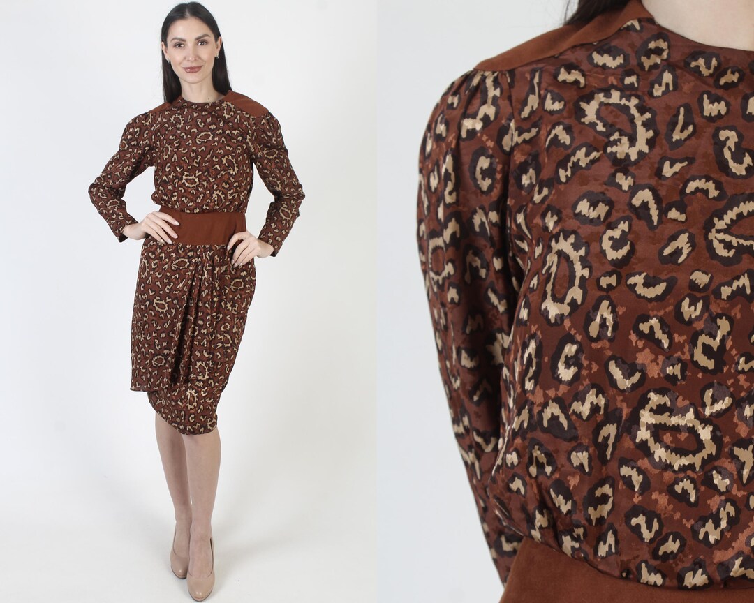 Animal Print Dress, Brown Micro Suede, Formfitting Wiggle Skirt, Womens ...