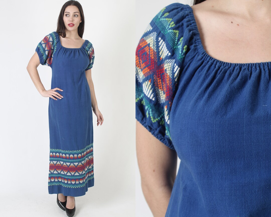 Blue Guatemalan Aztec Print Dress / off the Shoulder Dress From Mexico ...